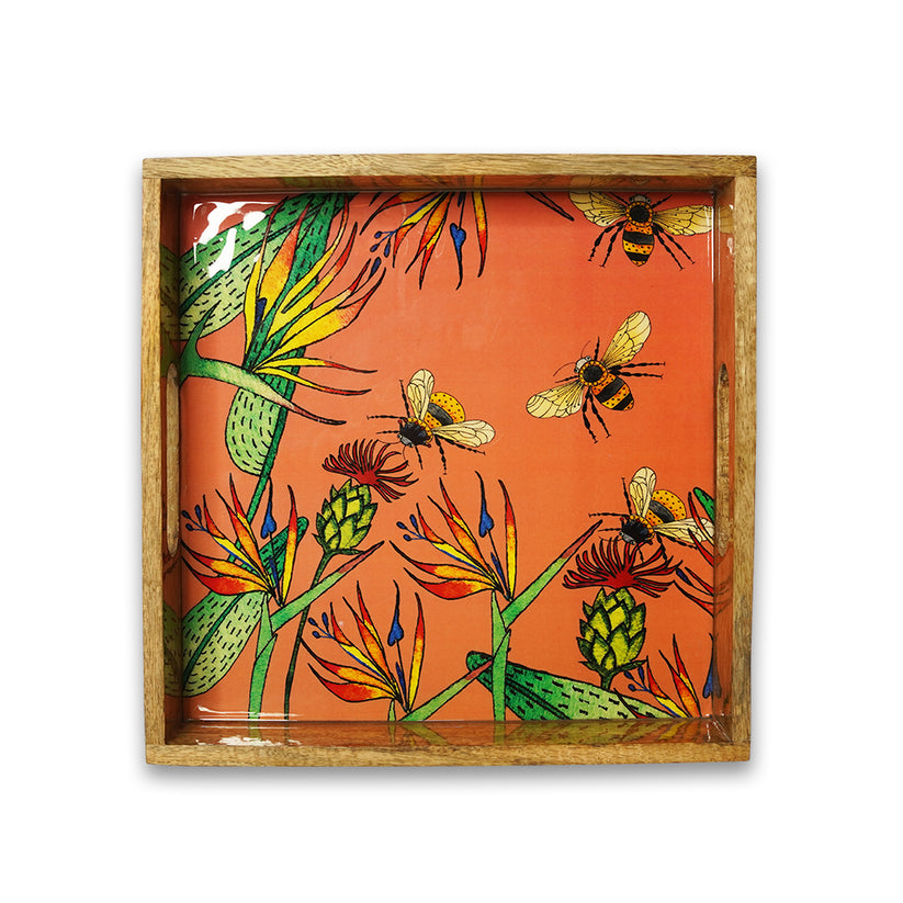 Square Tray – Bees in Paradise (Carrot) | Handcrafted Mango Wood Serve ...